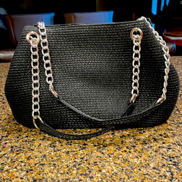 None | Bags | Black Straw Handbag With Silver Chain Handles | Poshmark